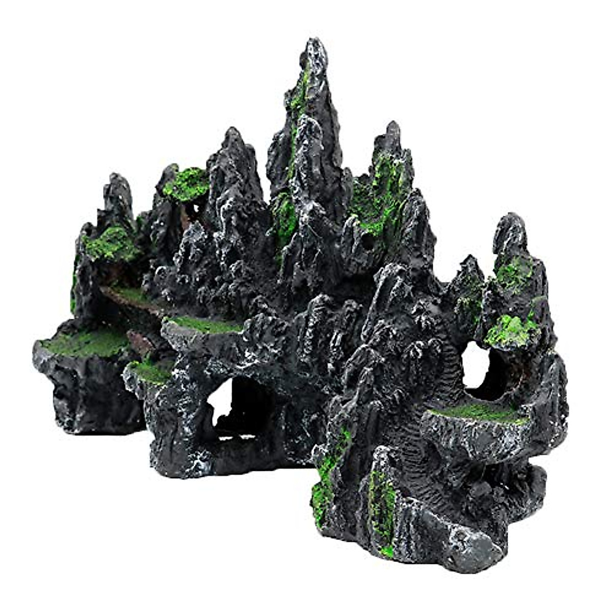 PakyKai Large Fish Tank Decorations, Mountain View Aquarium Ornament with Tree House Cave Bridge Artificial Plastic Plants Aquarium Decorations