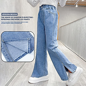 birbyrrly Girls Wide Leg Jeans Kids Baggy Elastic Waist Casual Denim Pants with Pockets Split Blue Tag 150-9-10 Years