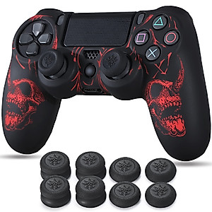 YoRHa Laser Carving Silicone Skin for PS4 Controller x 1(Skulls Red) with Exclusive Thumb Grips x 8