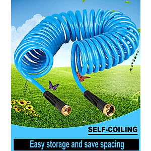 YOTOO Polyurethane Recoil Garden Hose 3/8 in. x 50 ft, Heavy Duty Garden Hose with Spray Nozzle, Bend Restrictor, G3/4" Swivel Solid Brass Fitting, Blue