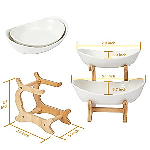 ERFEI Fruit Bowl Oval Ceramic Bowls with Wood Rack Tied Serving Tray Food Display Stand Bowl for Kitchen Counter, Home, Parties (2 tier)