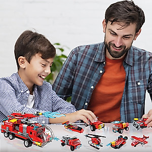 QLT QIAOLETONG City Fire Truck Building Kit for Kids 6-12 Years Old, Compatible with City Fire Truck 8-in-1 Building Block, Fire Helicopter Toys Building Sets.(313 PCS)