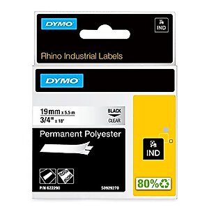 DYMO Industrial Permanent Labels for DYMO Industrial Rhino Label Makers, Black on Clear, 3.75", 1 Roll (622290)