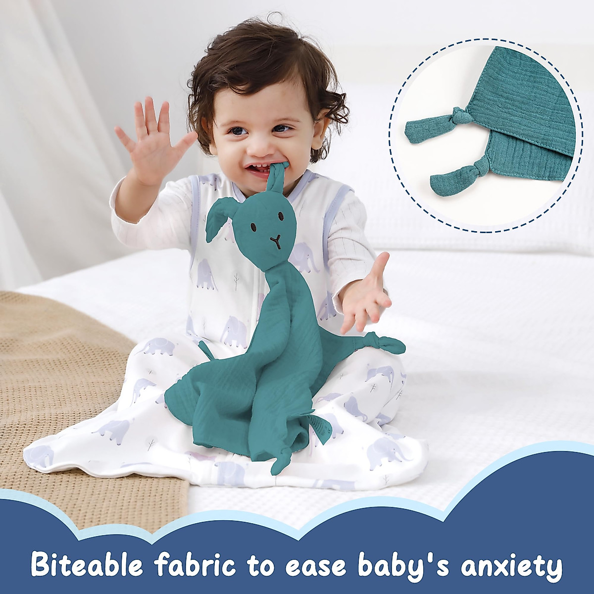 ZIGJOY Bunny Lovey Muslin Cotton Baby Security Blanket Soft Breathable Lovies for Babies Gifts for Newborn Infant Toddler Boys and Girls, Blue