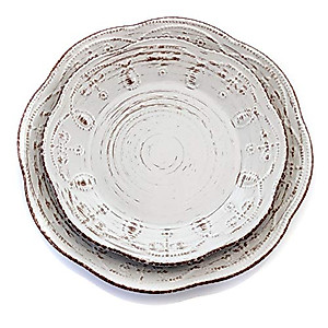 Elama Rustic Birch 16 Piece Embossed Scalloped Stoneware Round Dinnerware Set in White with Brown Accents