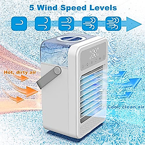 Personal Air Cooler, 90° Oscillated Evaporative Portable Air Conditioners, 5 Wind Speeds Quiet Mini Air Conditioner with Gradient Color Light/Humidifier/1-8H Timing for Desktop Home Office 600ML
