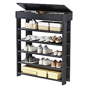 DlandHome Shoe Rack Shoe Storage Cabinet, 5 Tier Shoe Racks, Wooden Shoes Heels Sneakers Storage Cabinet Organizer for Entryway, Hallway, Closet or Living Room, Black