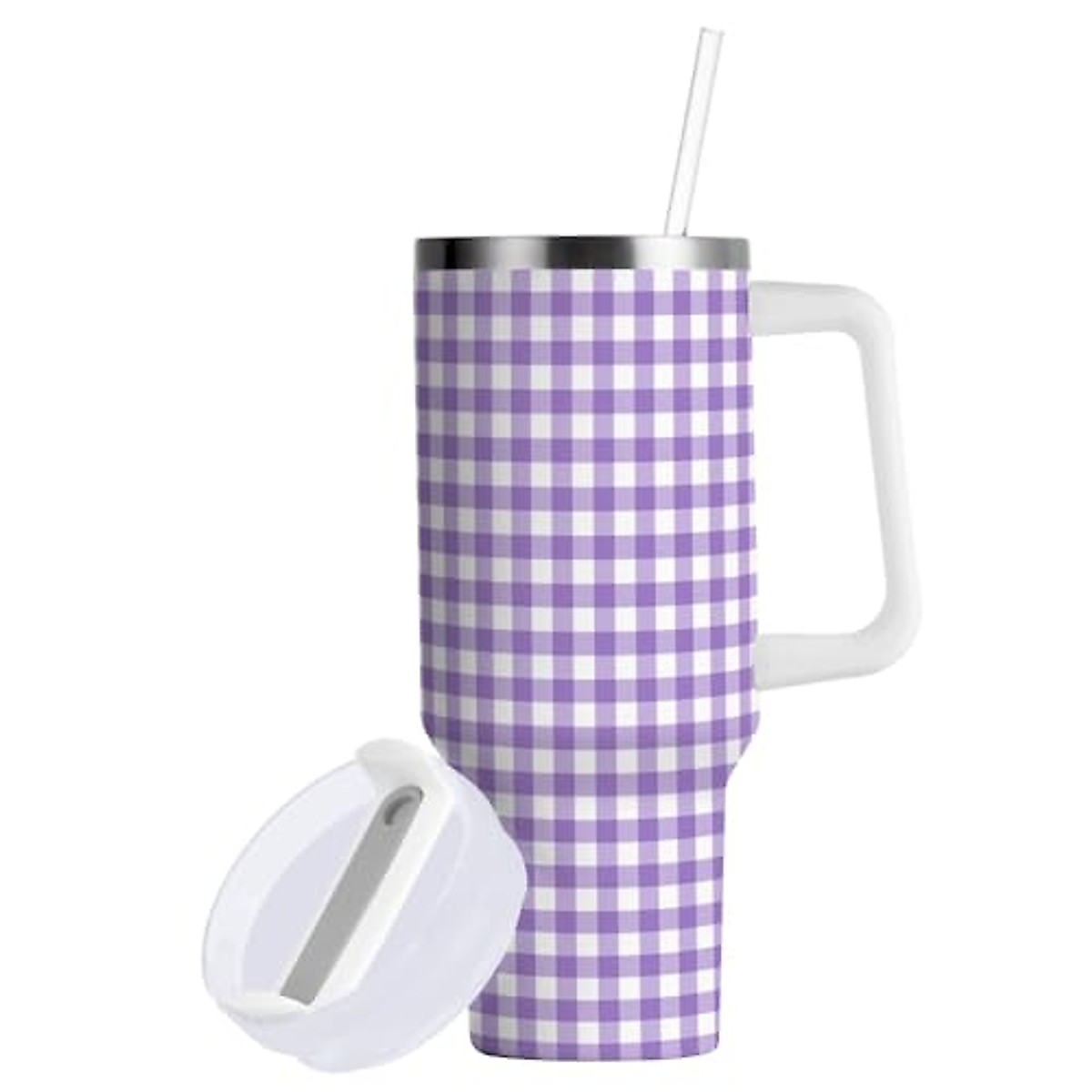 ARGTILDN 40 oz Tumbler Purples Plaid Insulated Travel Mug with Handle and Straw Lid Stainless Steel Vacuum Coffee Cup Tea Beverage Container Water Bottles for Car Sports office