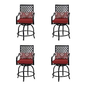 PHI VILLA Patio Stools Set of 4 with Red Cushions,Outdoor Metal Swivel Bar Height Chairs for Home Patio, Back Yard, Cafes, Bistro, Restaurants and Chic Bars