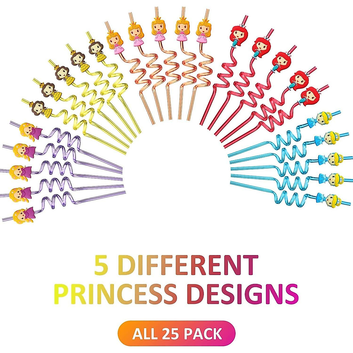 Lidmada 25Pcs Princess Party Favors Straws with 2 Cleaning Brushes, 5 Designs Reusable Plastic Straws Great for Princess Themed Birthday Party Supplies for Girls Kids