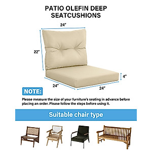 YEFU Outdoor Deep Seat Cushion Set, Double Waterproof Tech Fade Resistant Outdoor Chair Cushions, Patio Furniture Cushions with Straps for Chair Sofa Couch, 24x24 Inch, Beige