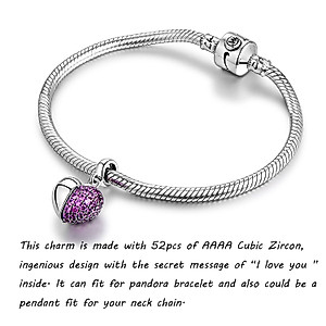 GW 925 Sterling Silver Love Heart Charms Fit Snake Chain Bracelets Pendant for Necklace for Women (Pink-I love you)
