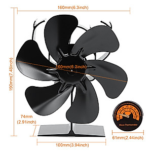 GLITI Wood Stove Fan,Upgraded Fireplace Fan with Wood Stove Magnetic Thermometer, NEW 6-Blade Heat Powered Stove Fan for Wood/Log Burners/Fireplaces/Heater