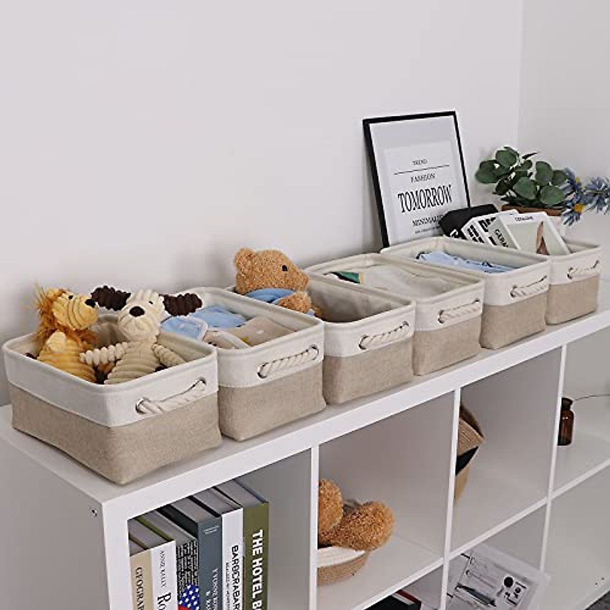 Bidtakay Small Baskets Fabric Storage [6 Pack] Beige Storage Bins 11.8 X 7.8 X 5 Inches Empty Gift Basket Decorative Storage Baskets for Shelves, Baby Clothes Storage, Bathroom(White&Beige)