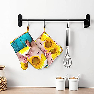 Funny Pig Oven Mitts and Pot Holders,Oven Gloves Potholders Hot Pads for Kitchen 2pcs,Washable Pot Holder,Heat Resistant Hot Pad Kitchen Decor Accessories for BBQ Cooking and Baking