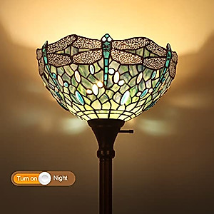 MOOVIEW Tiffany Floor Lamp Torchiere LED Uplight Stained Glass Dragonfly Retro Floor Lamps for Living Room Retro Corner Bright Torch Lamp Included 1PCS LED Bulb(2700K, E26), Sea Blue