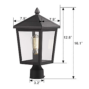zeyu Outdoor Post Light, 16 Inch Exterior Pole Light Pillar Lantern with Clear Glass Shade and Black Finish, 20076P