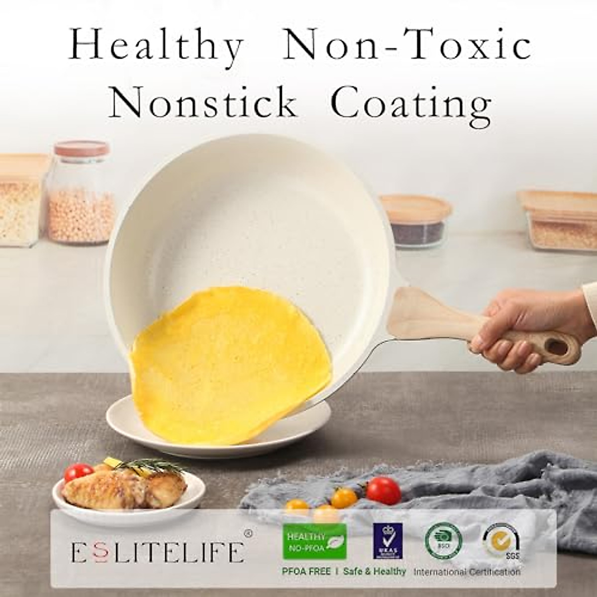 ESLITE LIFE Nonstick Ceramic Frying Pans Skillets Set, Non-Toxic Egg Omelette Kitchen Cooking Pans Compatible with All Stovetops (Gas, Electric & Induction), PTFE & PFOA Free (White)