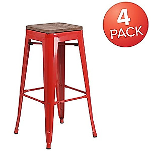Flash Furniture Lily 4 Pk. 30" High Backless Red Metal Barstool with Square Wood Seat