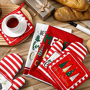 Bencailor 6 Pcs Farmhouse Kitchen Towel Oven Mitts and Pot Holders Set Farm Animal Dish Towels Heat Resistant Oven Gloves for Summer Kitchen Cooking Baking Grilling(Christmas Star Theme)