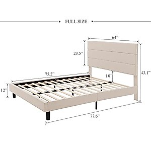 Benevika Full Size Upholstered Platform Bed Frame with Linen Fabric Simple Style Headboard and Wooden Slats Support, Upholstered Mattress Foundation, No Box Spring Needed, Easy Assembly, Beige