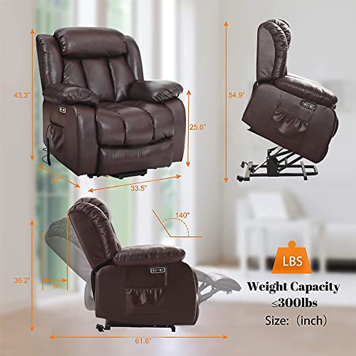 Harkawon Dual Motor Recliner Chair for Adults, Genuine Leather Lay Flat Sleeping Power Lift Chair for Elderly, Power Lift Chairs, with Massage and Heating (Brown)
