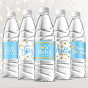 80 Pieces Baby Shower Water Bottle Labels Shower Water Bottle Stickers Wrappers Waterproof Baby Shower Labels for Baby Shower Party Decoration (Blue Boy Style)