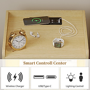 Vlskra Rattan Nightstand with Charging Station, Boho Night Stand with 2 Storage Drawers, Tall Boho Nightstand with Light, 3 Colors Dimmable Lighting, Human Sensor Light (Light Wood)