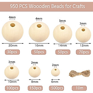 950pcs Wooden Beads for Crafts 7 Sizes Unfinished Natural Wood Beads Wooden Beads Bulk 6mm, 8mm, 10mm, 12mm, 14mm, 16mm, 20mm Beads for Garland Macrame Jewelry Making DIY Farmhouse Decor