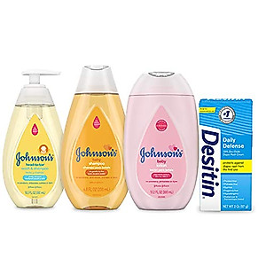 Johnson's First Touch Baby Gift Set, Baby Bath, Skin, & Hair Essential Products, Kit for New Parents with Wash, Shampoo, Lotion, & Diaper Rash Cream, Hypoallergenic & Paraben-Free, 5 Items