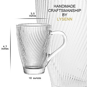 Lysenn Clear Glass Coffee Mugs Set of 2 - Premium Quality Glass Coffee Cups - Unique Twill Design Ribbed Glassware for Cappuccino, Latte, Espresso, Juice, Tea - 10 oz