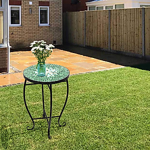 yzohu Birsppy Amuro Mosaic Accent Table Round Side Table, Wrought Iron Stained Glass Patio Flower Stand Outdoor Coffee End Table, Indoor Outdoor for Patio Lawn Garden Home (Green Surface)