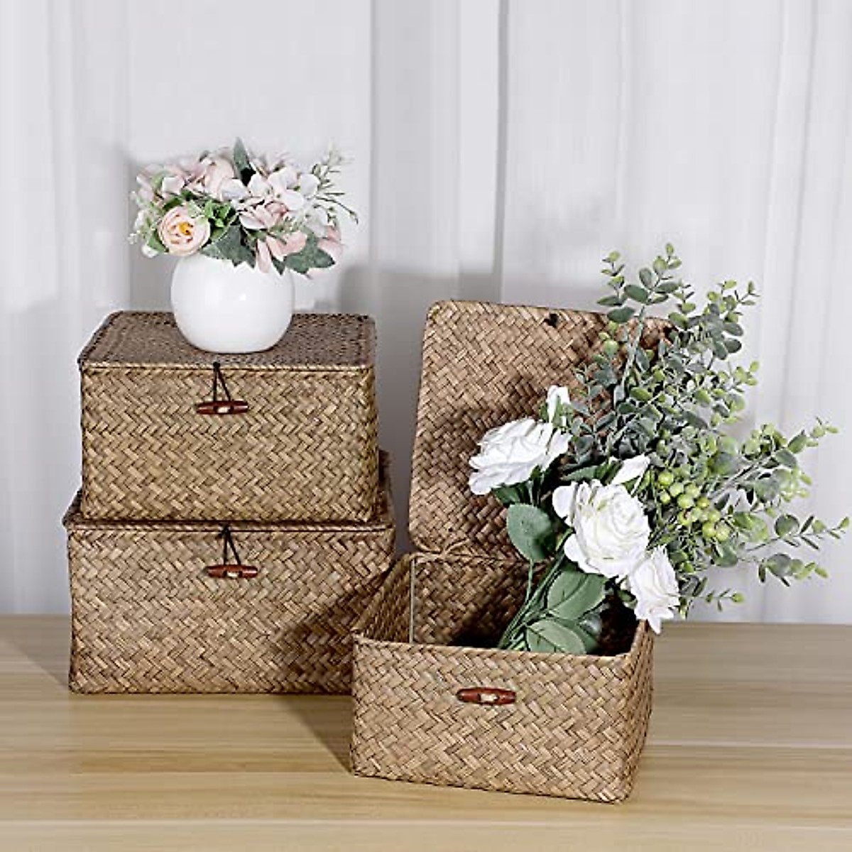 Hipiwe Wicker Shelf Baskets Bins with Lid Handwoven Storage Baskets Boxes Natural Seagrass Basket Box Home Decorative Household Organizer Bins Boxes for Shelf Organizing,Set of 3