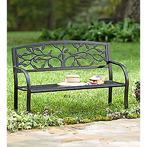 Plow & Hearth Weatherproof Tree of Life Outdoor Bench | Holds Up to 300 lbs | Garden Patio Porch Park Deck | Metal | Black