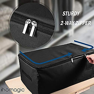 IHOMAGIC Under-bed Storage Bag, Zippered Storage Organizer with Side Handles, Moisture Proof Large Under Bed Clothes Storage Bag with Clear Pocket to Insert Label, for Bedroom Closet (Black 49L, S)