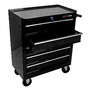 5-Drawer Workshop Tool Chest with Wheels and Lockable Drawers, Heavy Duty 220 LBS Capacity Rolling Tool Cart, Cold Rolled Steel Storage Organizer Tool Box for Warehouse, Garage, Repair Shop - BLACK