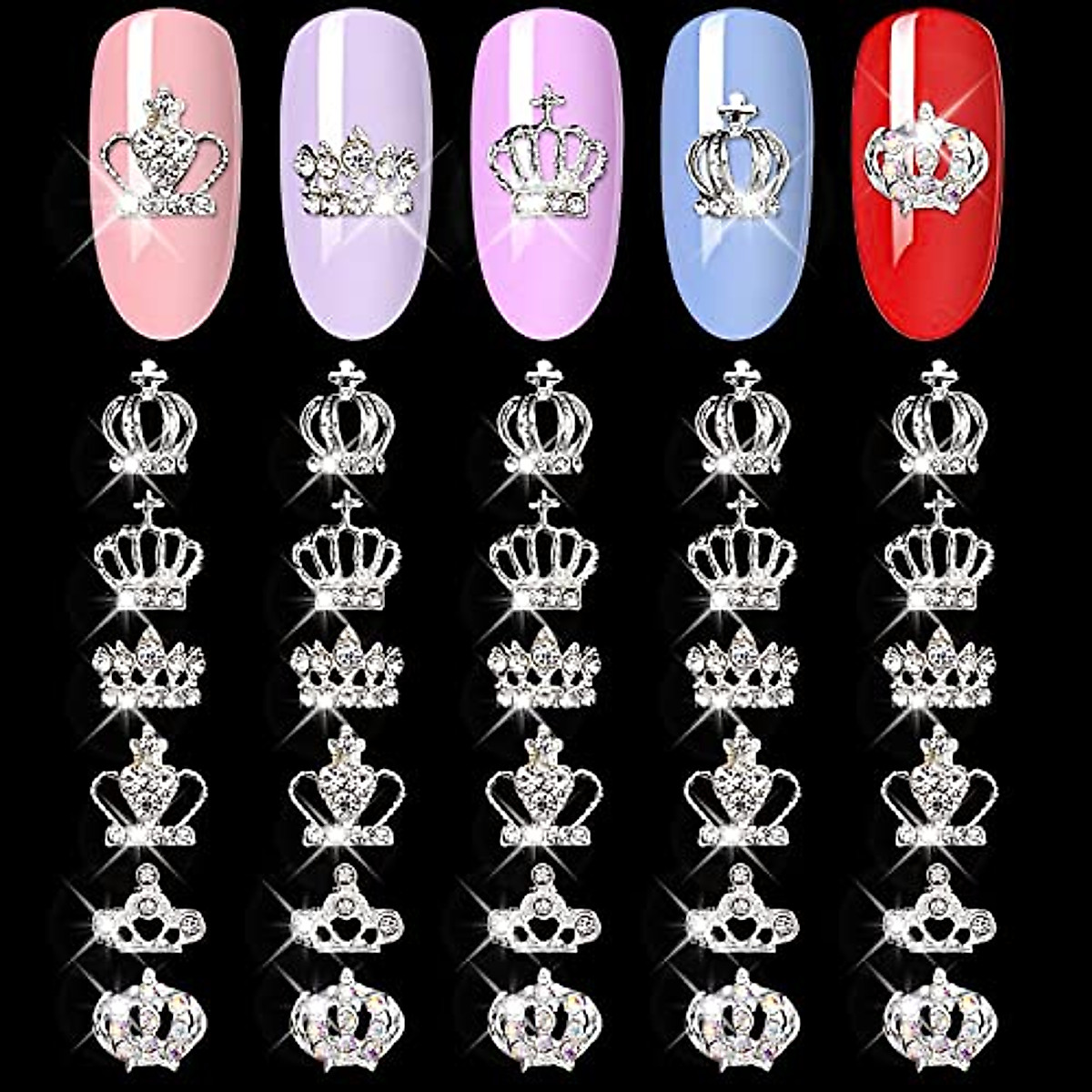 JERCLITY 30 Pieces Luxury 3D Silver Crown Nail Charms for Nails Alloy Crown Nail Jewels Diamonds Nail Art Charms for Nails Alloy 3D Charms for Women Nail Decorations Kit