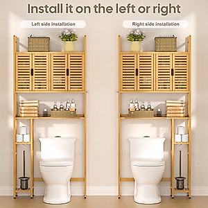 Cozivolife Over The Toilet Storage Cabinet with Toilet Paper Holder Stand,Bamboo Bathroom Organizer Shelf with Four Door and Waterproof Feet Pad,Space Saver Storage Rack with Anti-Tip Design (Natural)