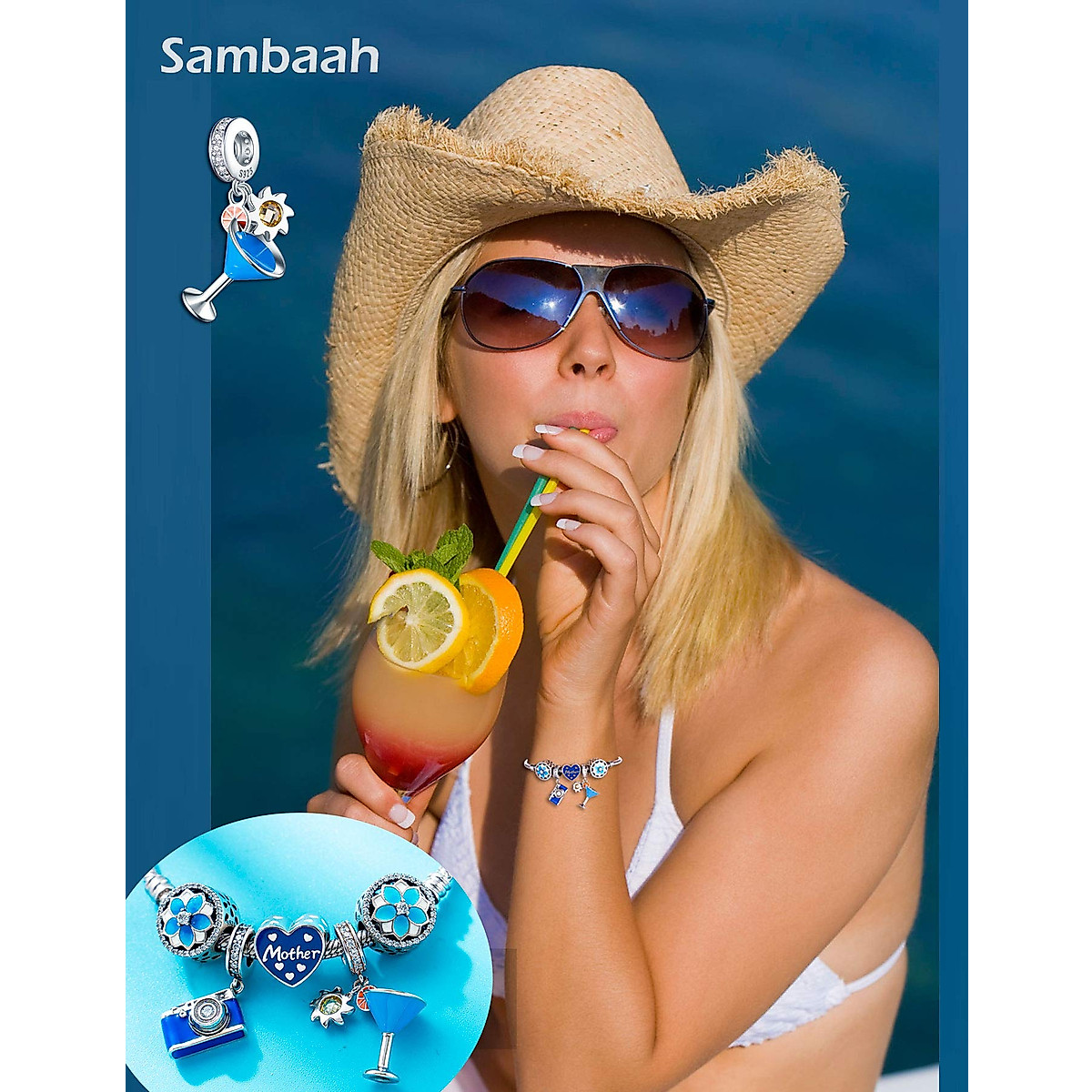 Sterling Silver Cocktail Drink Charm, Martini Glass Charm Summer Beach Theme, Fruit Lemon Dangle Charm with Cubic Zirconia for Women Pandora Style Bracelets