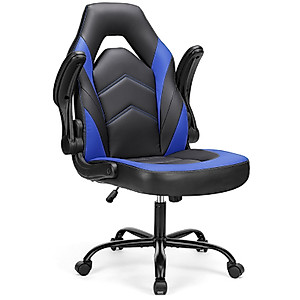 Sweetcrispy Computer Gaming Desk Chair - Ergonomic Office Executive Adjustable Swivel Task PU Leather Racing Chair with Flip-up Armrest for Adults, Kids, Men, Girls, Gamer, Black Blue