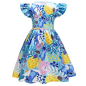 Girls Cartoon Princess Dress Ruffle Sleeve Blue Dress Casual Dress Up Clothes for Big Kids 9-10 T
