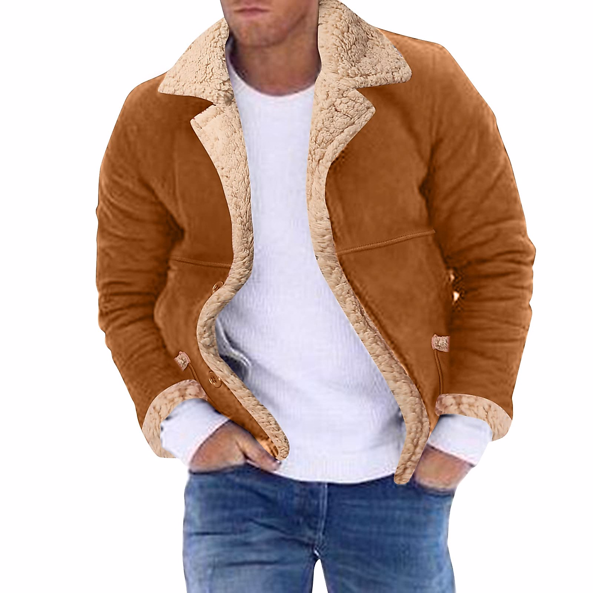 WOSJKDJ Shearling Coat Men Sheepskin Leather Jackets Shearling Fur Lined Bomber Jacket Crop Warm Winter Trench Coat S-5XL