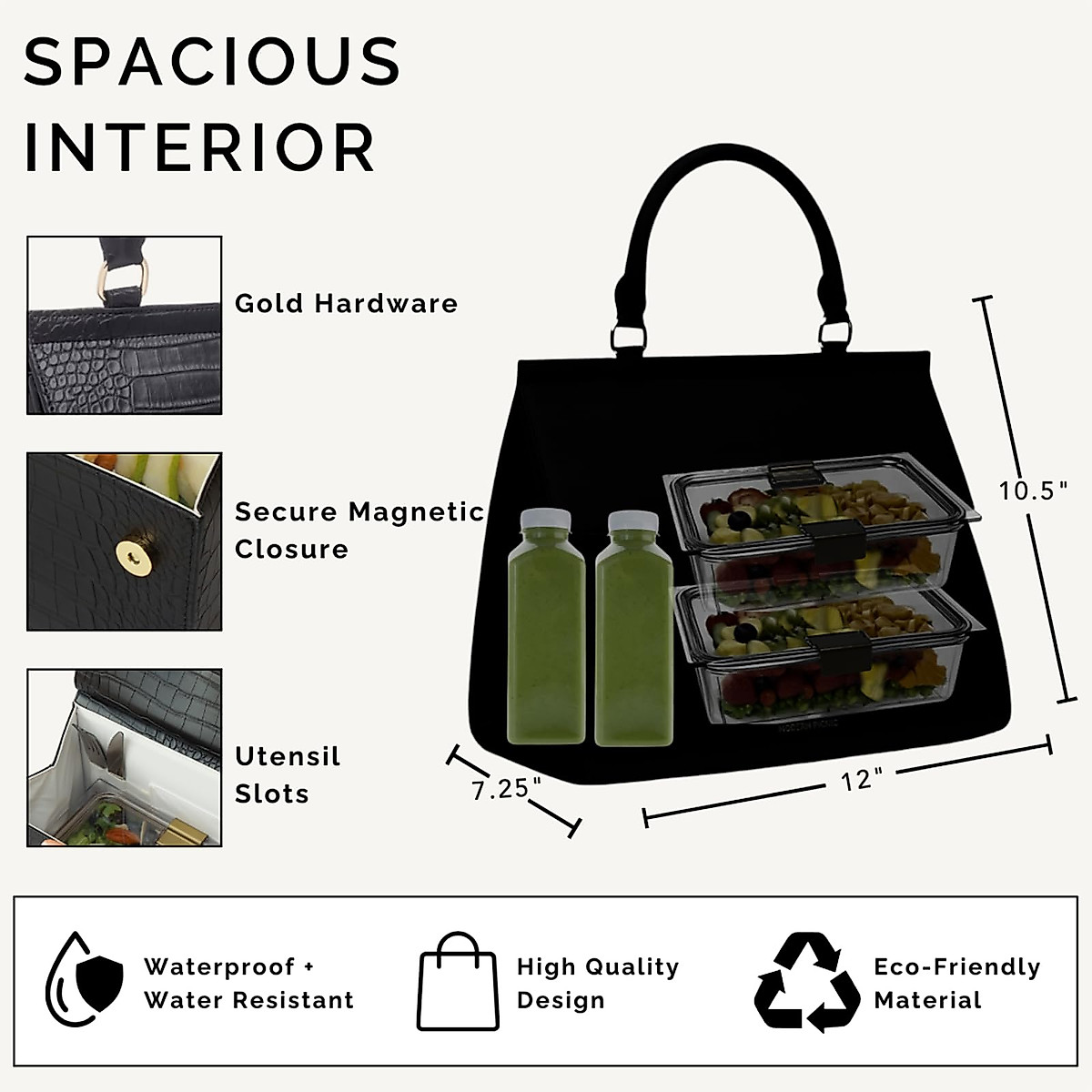 Modern Picnic Vegan Leather Lunch Bag for Women, Cooler Lunch Bag for Girls, Easily Wipeable, Adjustable Shoulder Strap, Women’s Lunch Bags for Work/Office/Outdoor, Black As Seen on Shark Tank