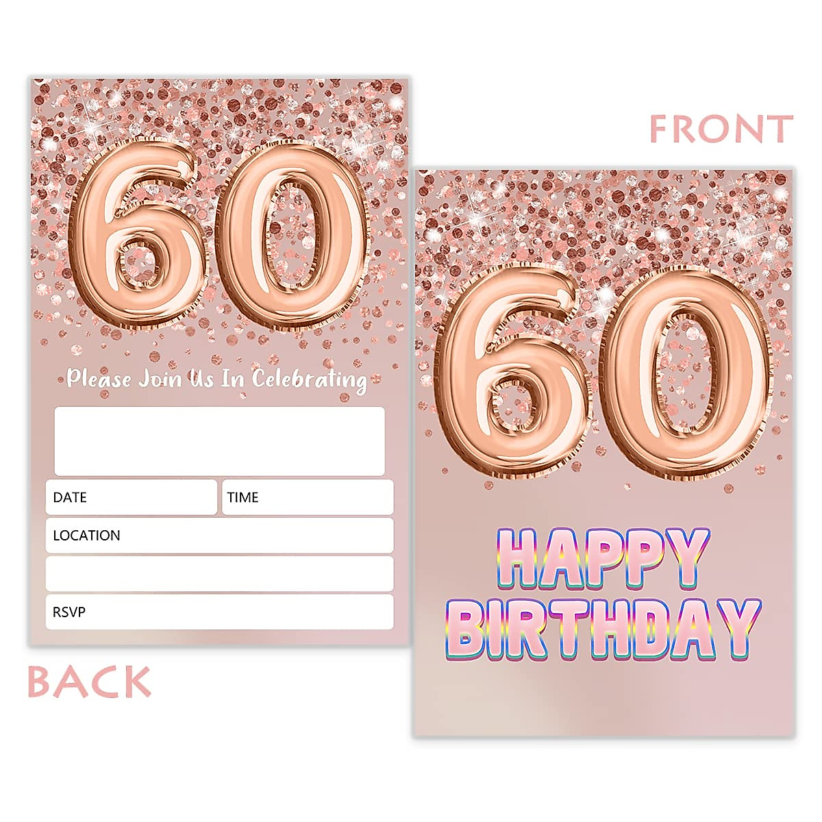 SHLINCO 60th Birthday Invitations Rose Gold Glitter Birthday Party, 60 Birthday Invitations for Girls, Party Celebration, Birthday Party Supplies (20 Invitations + Envelopes)