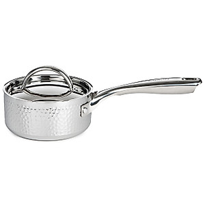 BergHOFF Vintage Tri-Ply 18/10 Stainless Steel Saucepan 5.5in 1qt. With Matching Lid, Hammered, Long and Ergonomic Shaped Handle, Induction Cooktop, Silver