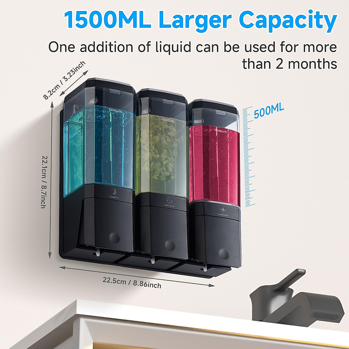 GlintGath Shower Dispenser 3 Chamber No Drill Wall Mounted Shampoo Conditioner Body Wash Dispenser, Large Capacity 1500ML, Black