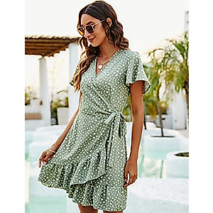 Naggoo Summer Dress for Women Short Wrap Dress Country Dress Sage Green S