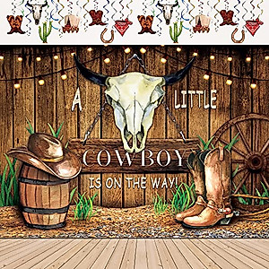 LIGHTINHOME Cowboy Baby Shower Backdrop 7Wx5H Feet for Rustic Wooden Pattern Cowboy Western Hat A Little Cowboy is On The Way Photography Background Decorations Photo Booth Studio Prop Fabric