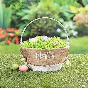 Personalized Easter Egg Basket with Handle and Custom Name in White Script | Scallop Edge Burlap Easter Basket Liners | White Basket | Woven Easter Baskets for Kids Adults | Customized Easter Basket