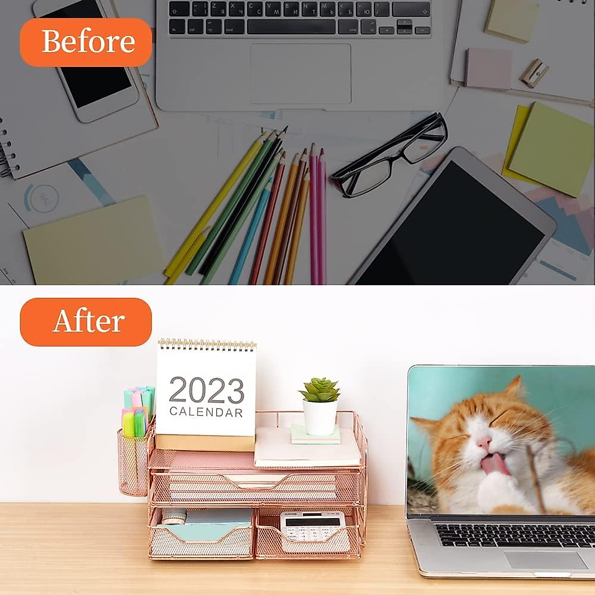 Youbetia Desktop Organizer, 3 Drawer Jewelry Organizer with Pen Holders, Rose Gold, for Office Supplies and Skincare